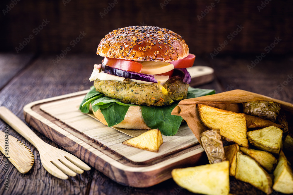 Vegetarian hamburger, sandwich made without meat, with recycled bamboo ...