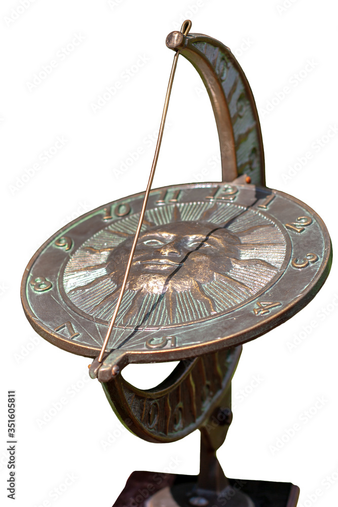 Antique sundial isolated on white background with a beautiful dial with ...