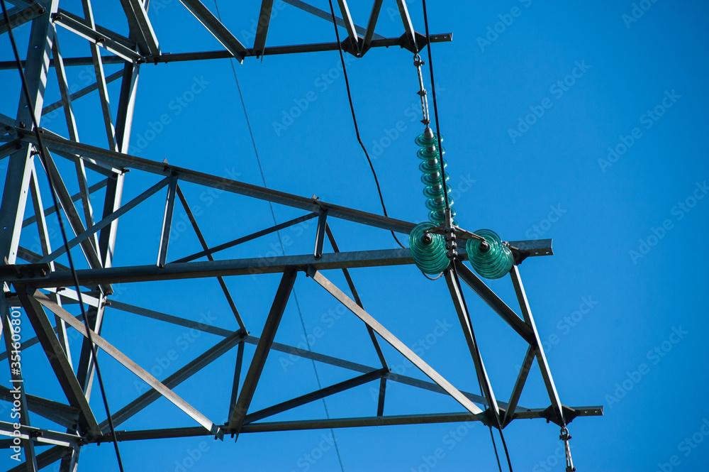 Electric post with wires. Transmission tower. Close up high voltage ...