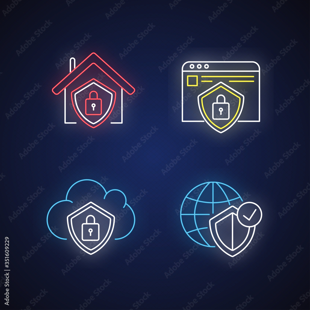 Internet security system neon light icons set. Smart home lock. Cloud ...