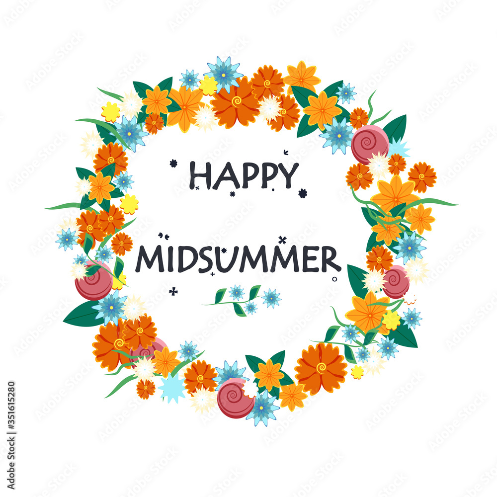 Happy Midsummer greeting poster. Floral wreath and lettering Glad ...