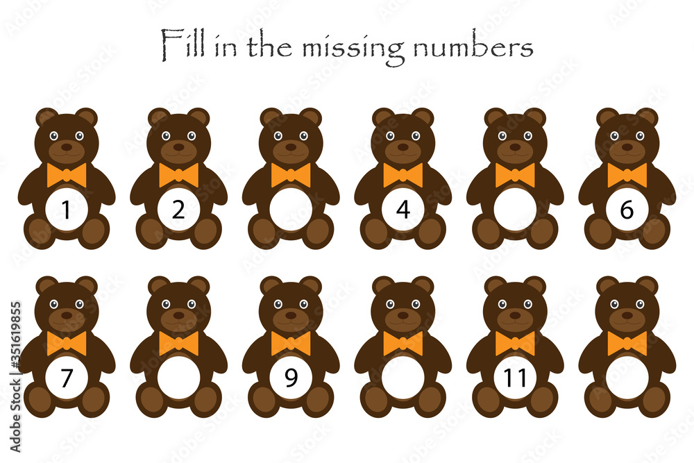 Game with bear toys for children, fill in the missing numbers, easy ...