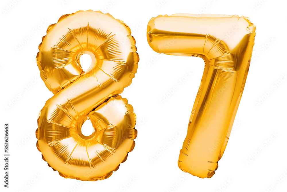 Number 87 eighty seven made of golden inflatable balloons isolated on ...