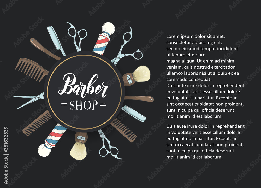 Hand drawn Barber Shop poster with razor, scissors, shaving brush, comb ...