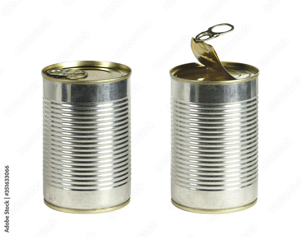 pair of tin cans, one open and one closed, isolated on white background ...