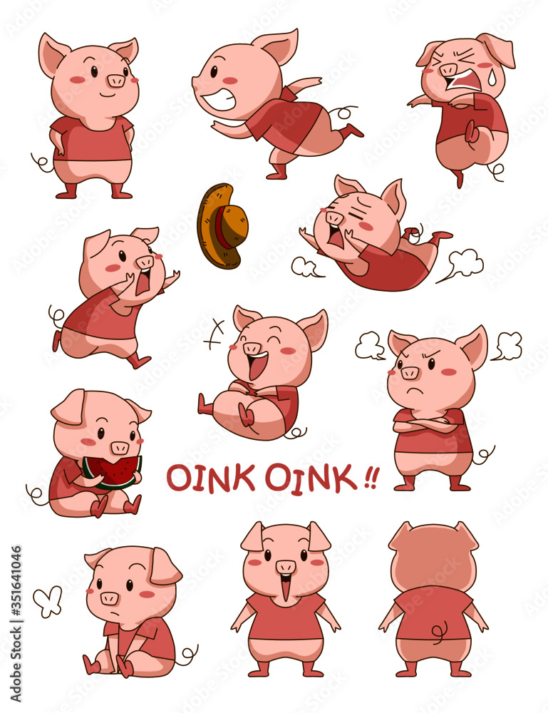 Set of cute pink pig chibi-style cartoon with various emotions Stock ...