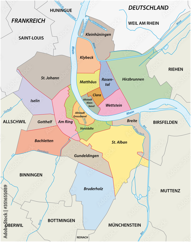 Administrative vector map of the districts of Basel city in German ...