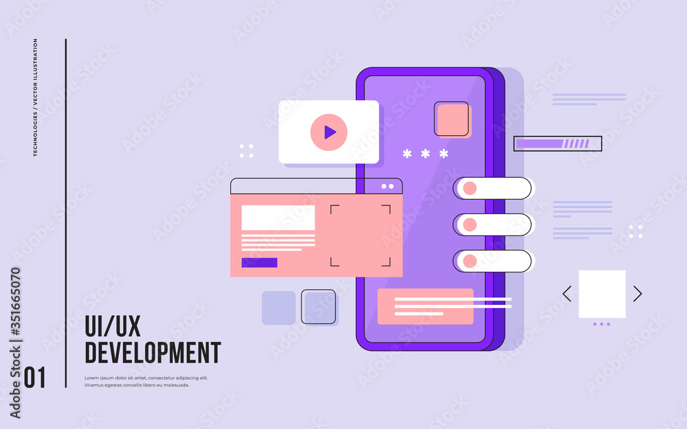 Mobile UI/UX development design concept. Smartphone with interface elements. Digital industry ...