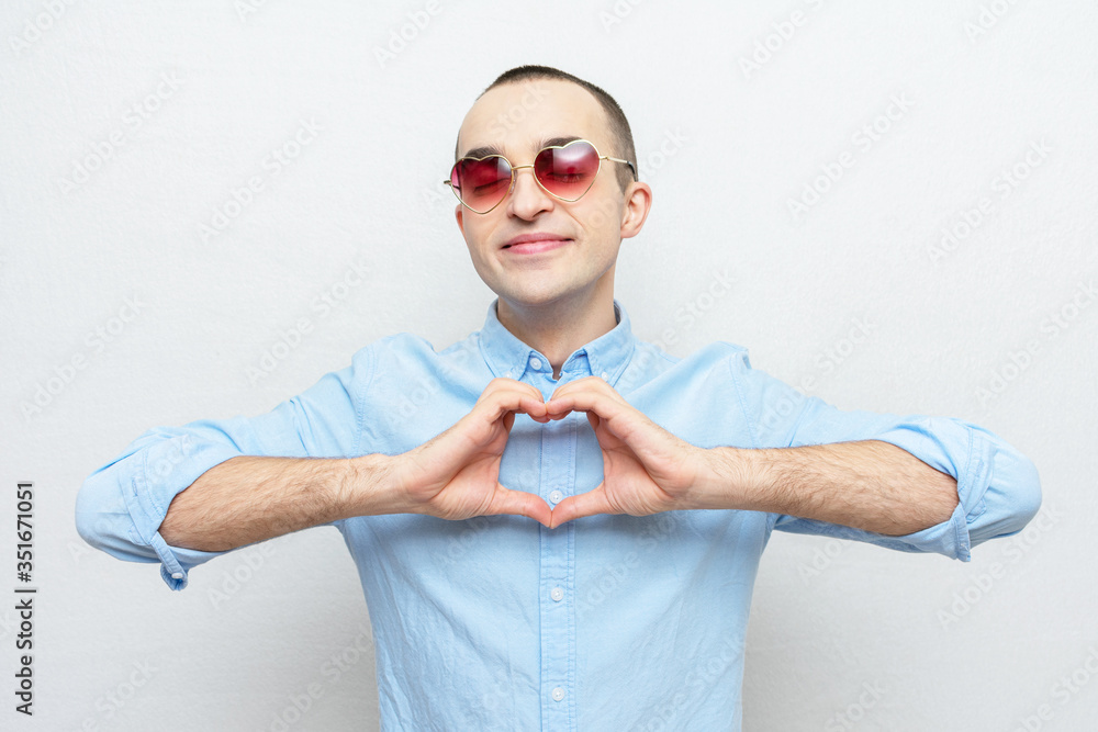Happy man showing heart with two hands, man heart-shaped, portrait ...