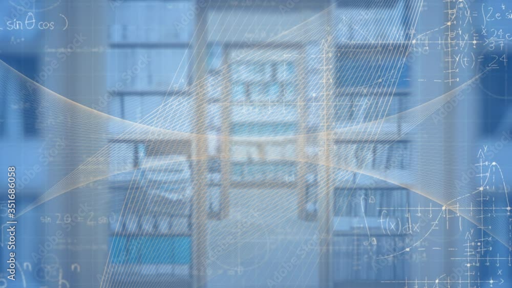 Animation of mathematical formula and lines moving on library room ...