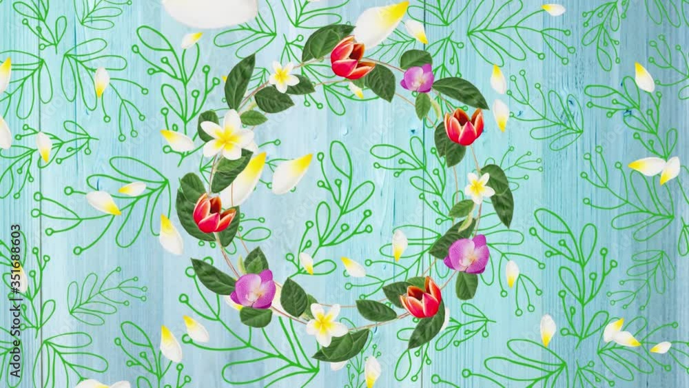 Animation of leaves floating over an appearing flower crown on blue ...