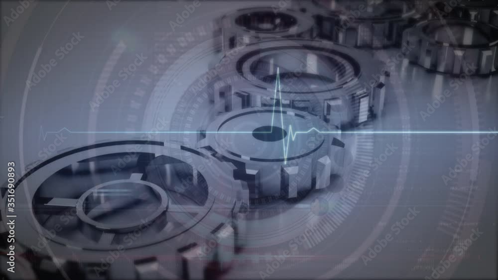 Animation of cogs working with scope scanning and heart rate monitor ...