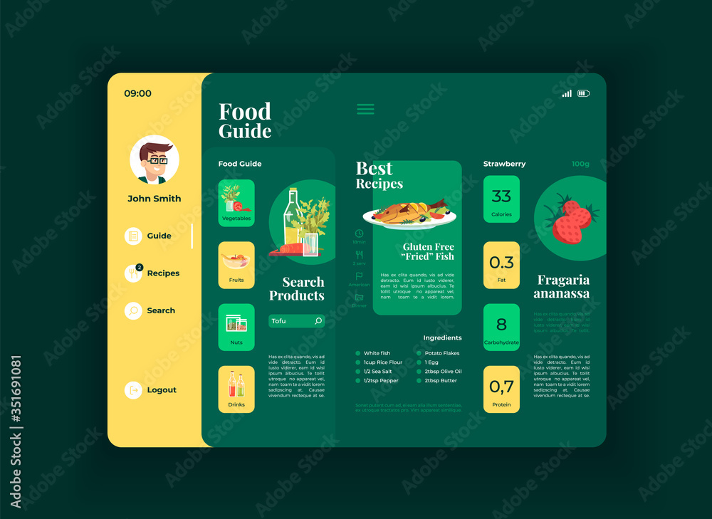 Healthy food tablet interface vector template. Mobile app page night ...