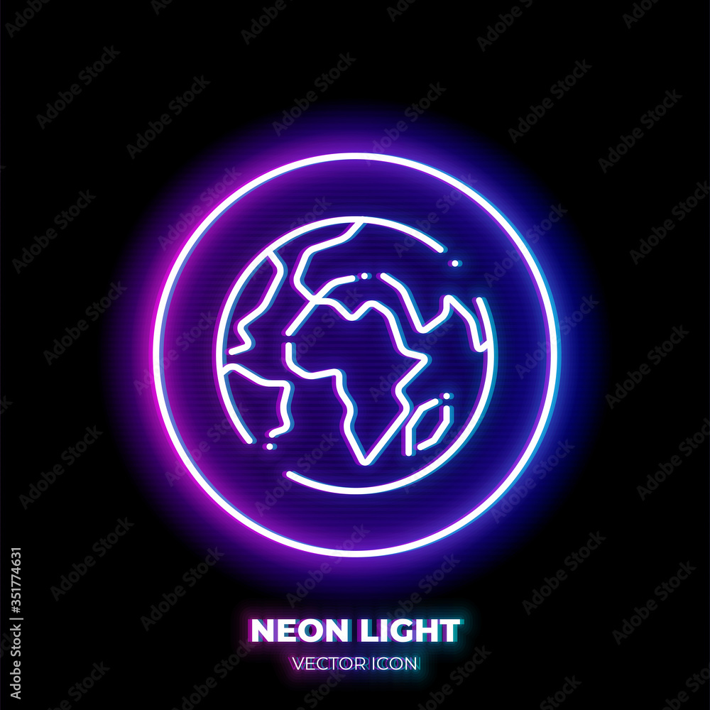 Globe neon light line art vector icon. Outline symbol of world. Planet ...