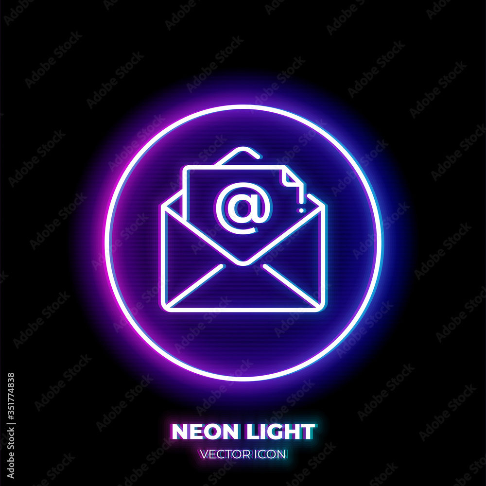 Email neon light line art vector icon. Outline symbol of post envelope ...