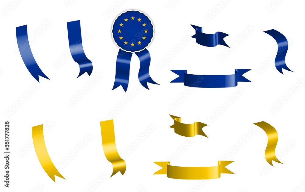 label, set of yellow and blue ribbons with tag, in colors of flag of ...