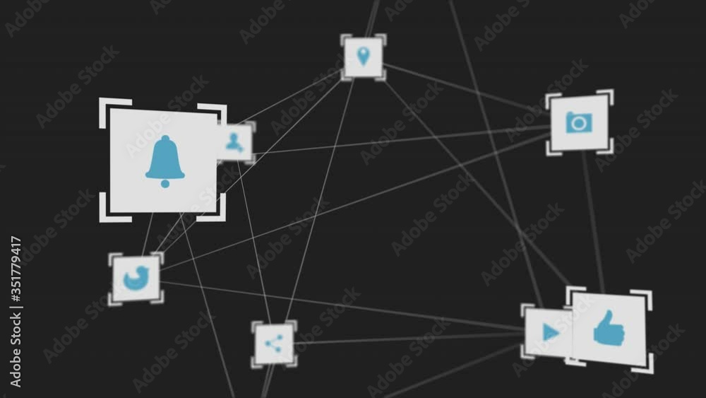 Animation of blue digital interface icons moving with network of ...