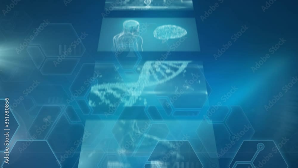 Animation of multiple screens showing strand of DNA, red blood cells ...