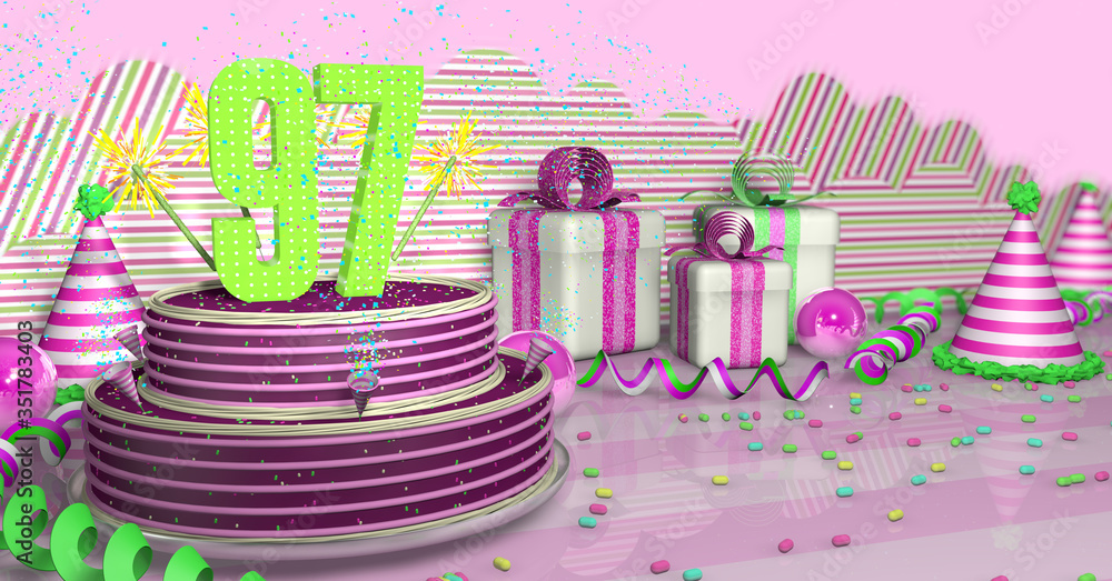 Purple round 97 birthday cake decorated with colored sparks and pink ...