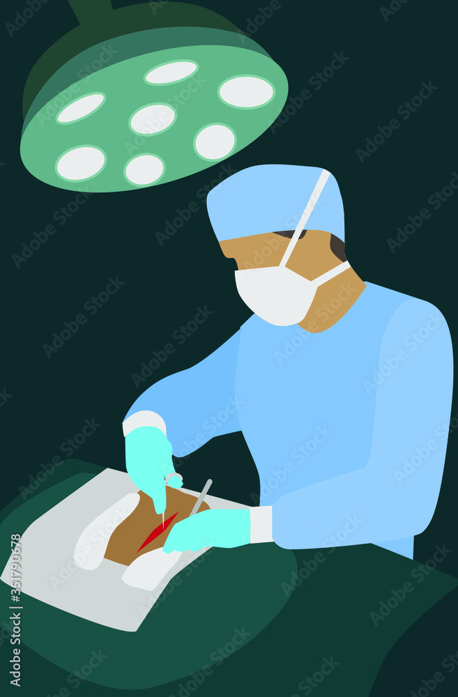 Male surgeon in medical mask operating patient in surgery dark room ...