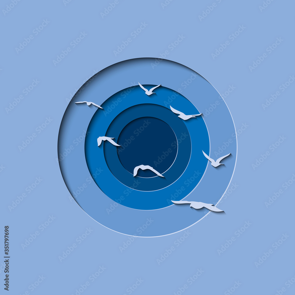 Paper art of circle sky and flying bird silhouette , vector art and ...