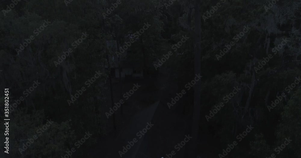 Houses built in dense forest in Florida, panning up through canopy to ...