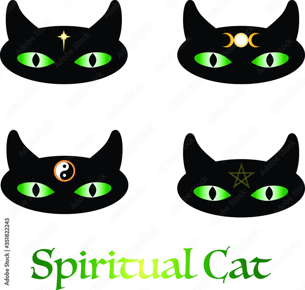 Black cat head cartoon collection with spiritual symbols on face ...