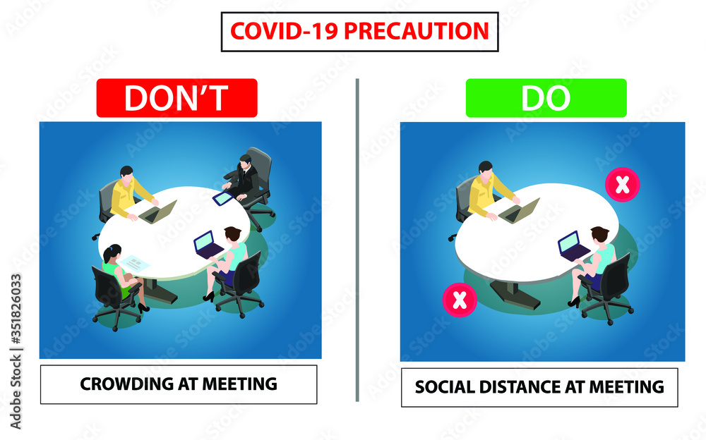 Social distance poster for meeting room. Employees are meeting together ...