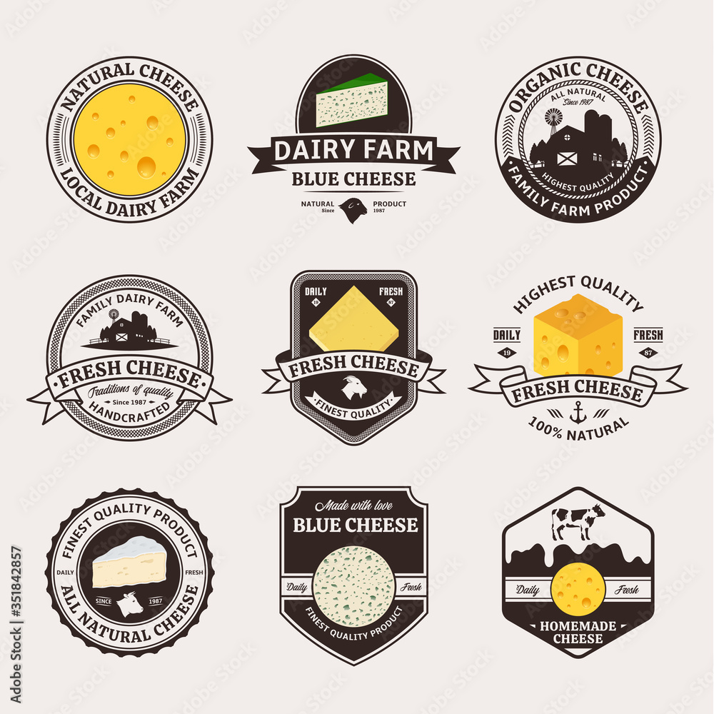 Set of cheese vintage badges and icons for dairies and cheese packaging ...