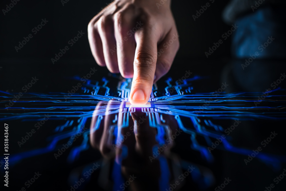 Digitalization Concept: Human Finger Pushes Touch Screen Button and ...