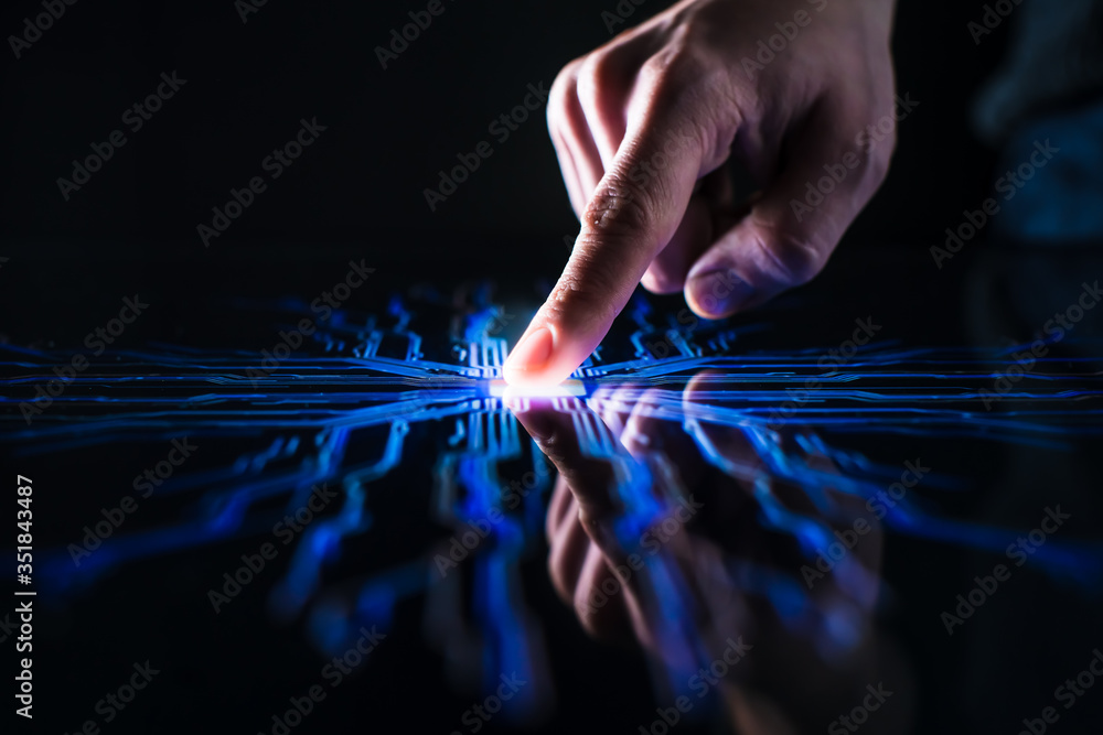 Digitalization Concept: Human Finger Pushes Touch Screen Button and ...