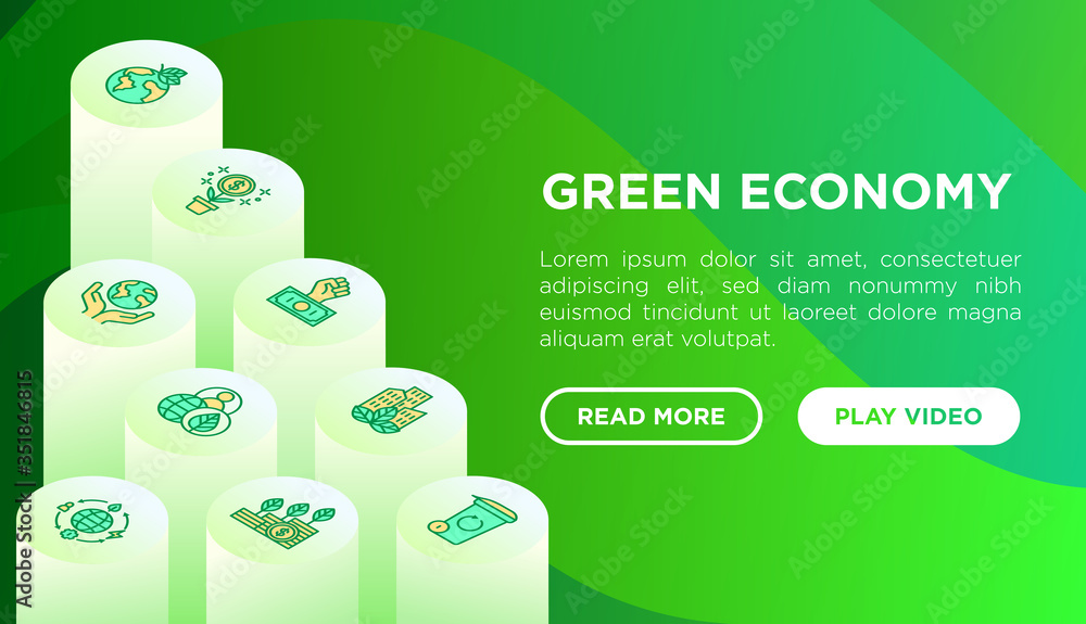 Green economy web page template with thin line isometric icons ...