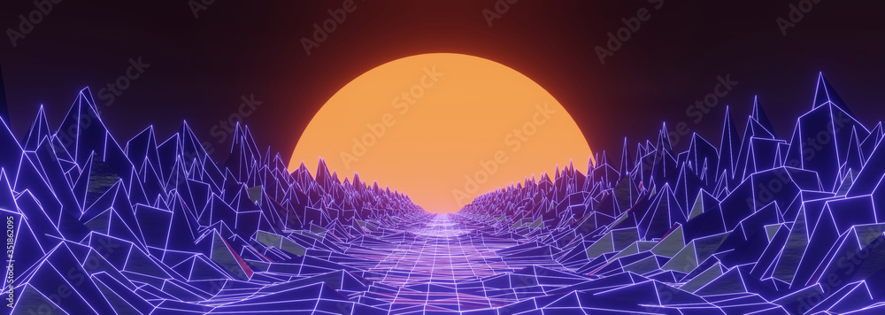 3D render 80s retro futuristic sci-fi style. Retrowave landscape, neon ...