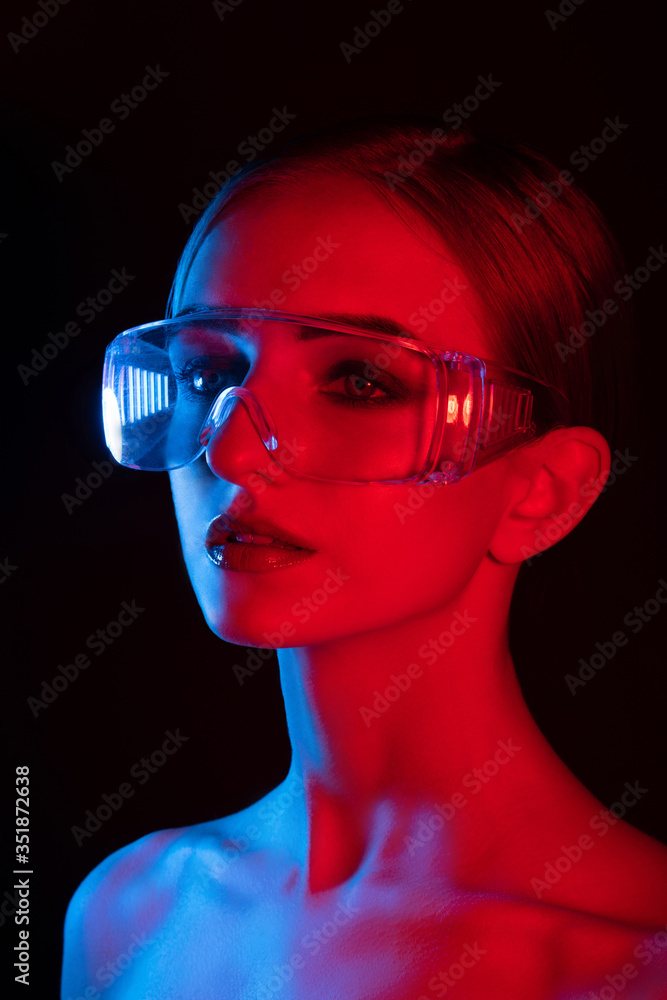 portrait of a girl with blue and pink light, a disco-style portrait, a ...