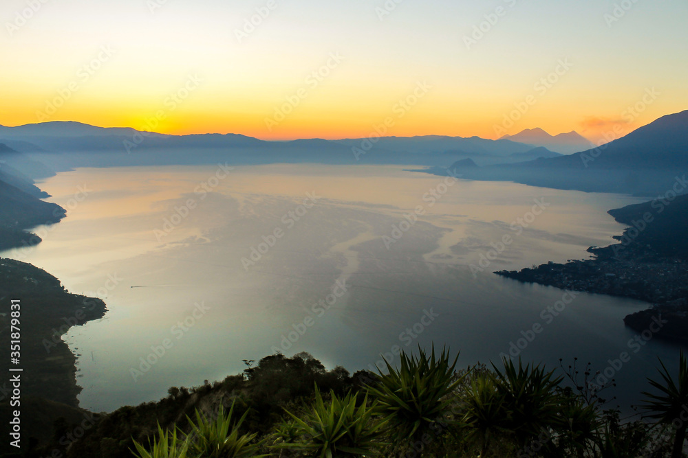 Dawn views of Lake Atitlan and plants from the heights of Indian Nose ...