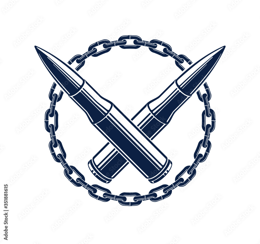 Two crossed bullets vector emblem or logo isolated on white, vintage ...