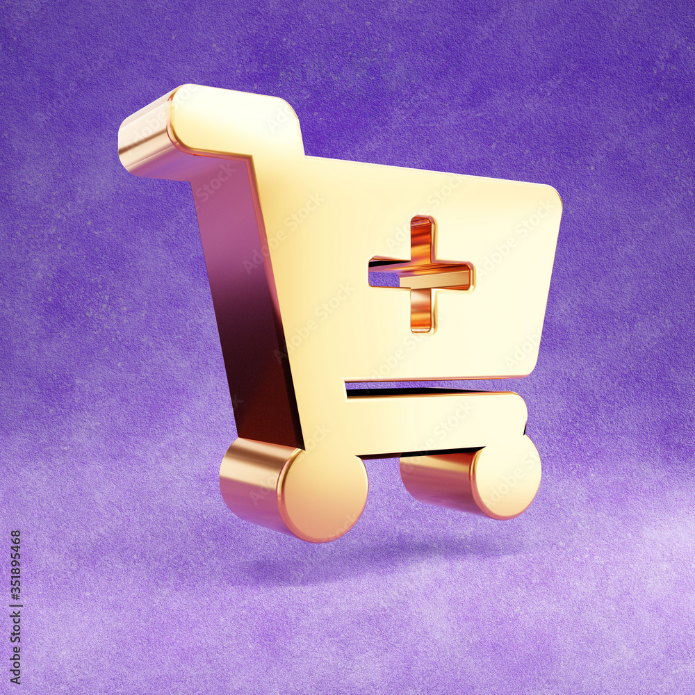 Shopping cart icon. Gold glossy Shopping cart symbol isolated on violet ...