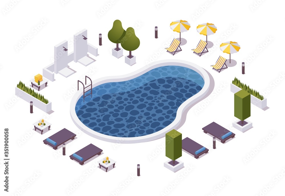 Isometric round pool with outdoor shower, lounger chairs, sunbeds with ...