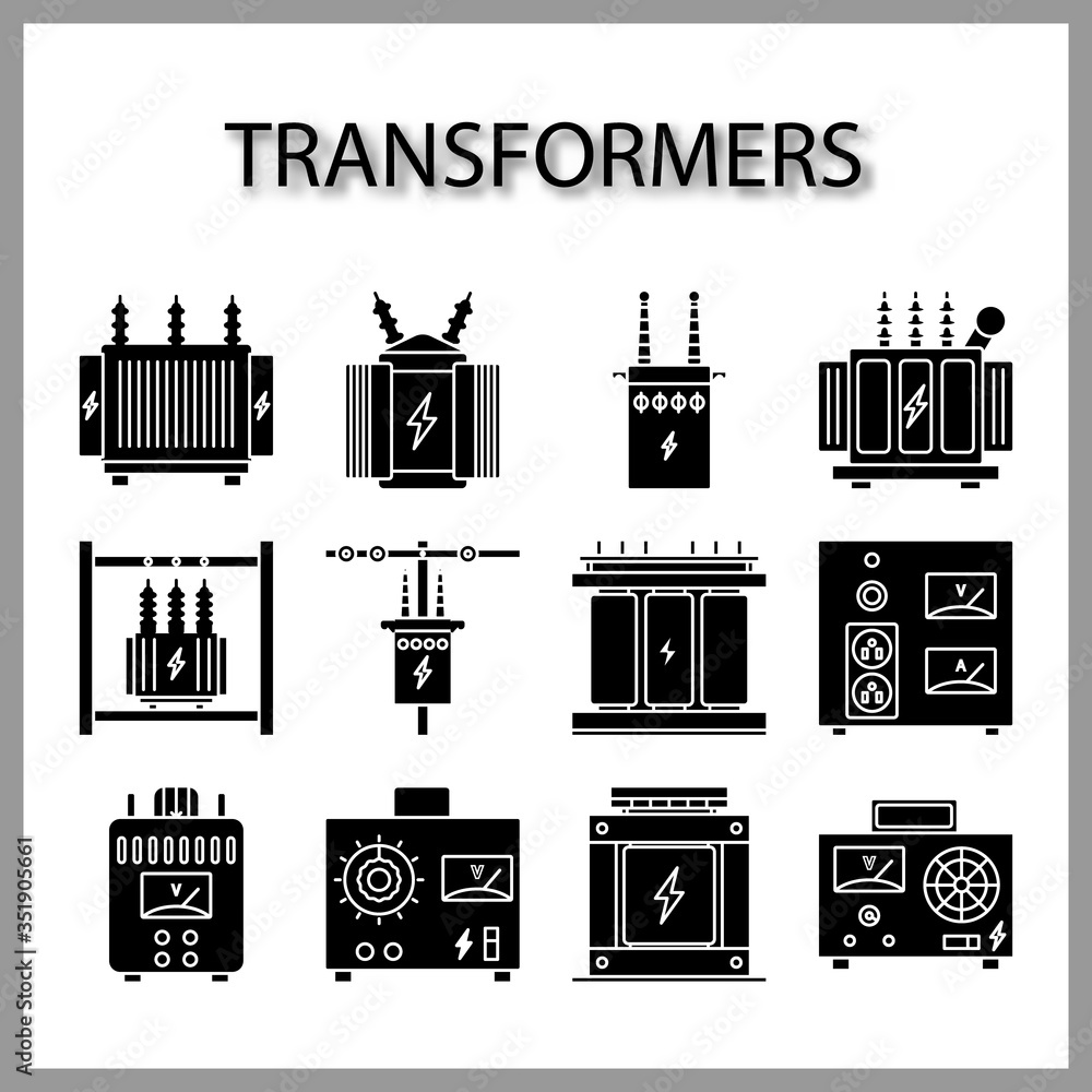 High voltage electrical transformer and Power supply icon set isolated ...