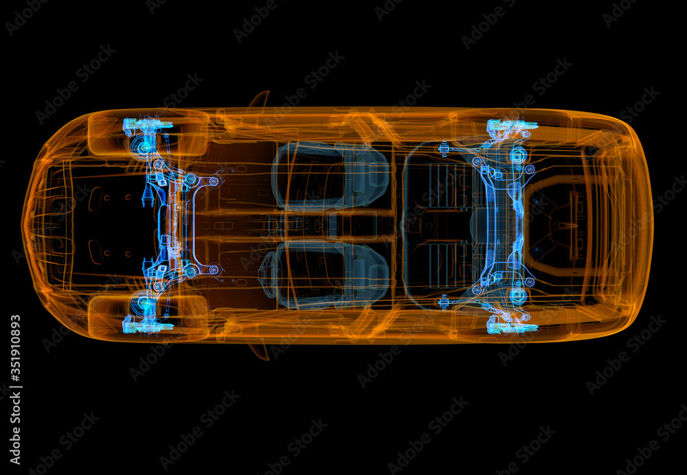 Technical 3d illustration of SUV car with x-ray effect. brakes and ...