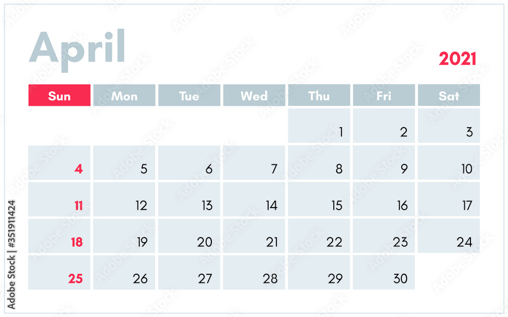 April 2021 calendar in english. Vector illustration for print and ...