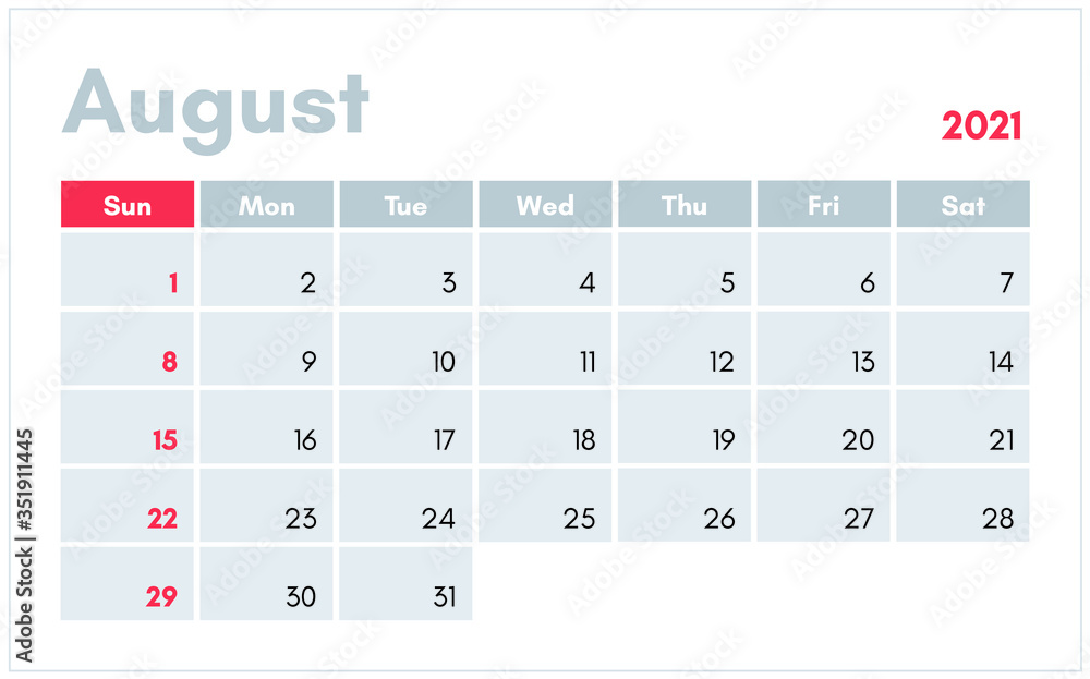 August 2021 calendar in english. Vector illustration for print and ...