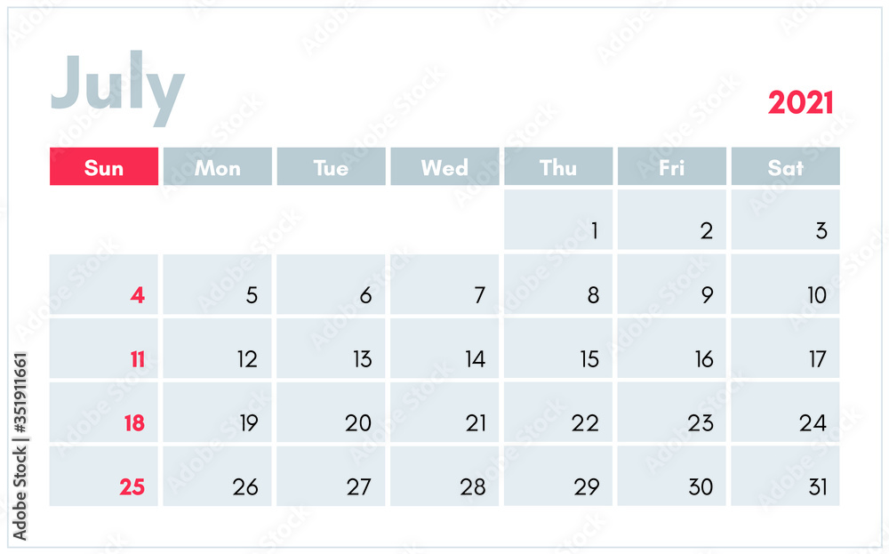 July 2021 calendar in english. Vector illustration for print and ...