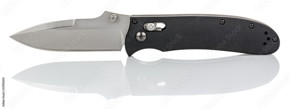 Side view of open folding pocket knife with satin blade and black ...