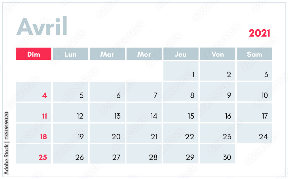 Calendrier de Avril 2021 (April 2021 calendar in french) vector ...