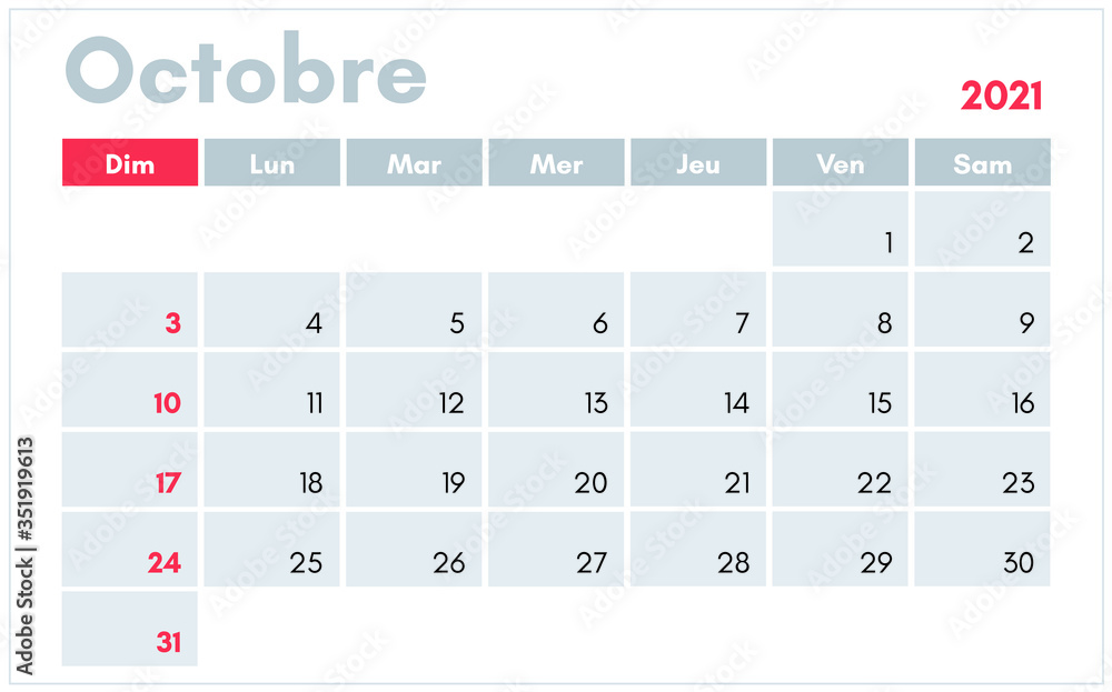 Calendrier de Octobre 2021 (October 2021 calendar in french) vector ...