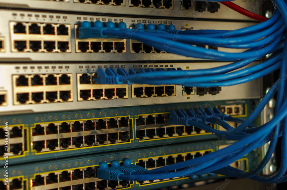Closed data center Internet provider. Cable and switch connections ...