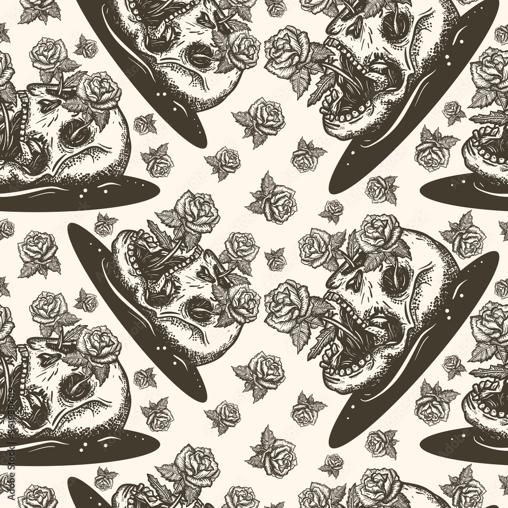 Skull and red roses flowers. Gothic seamless pattern. Symbol life and ...