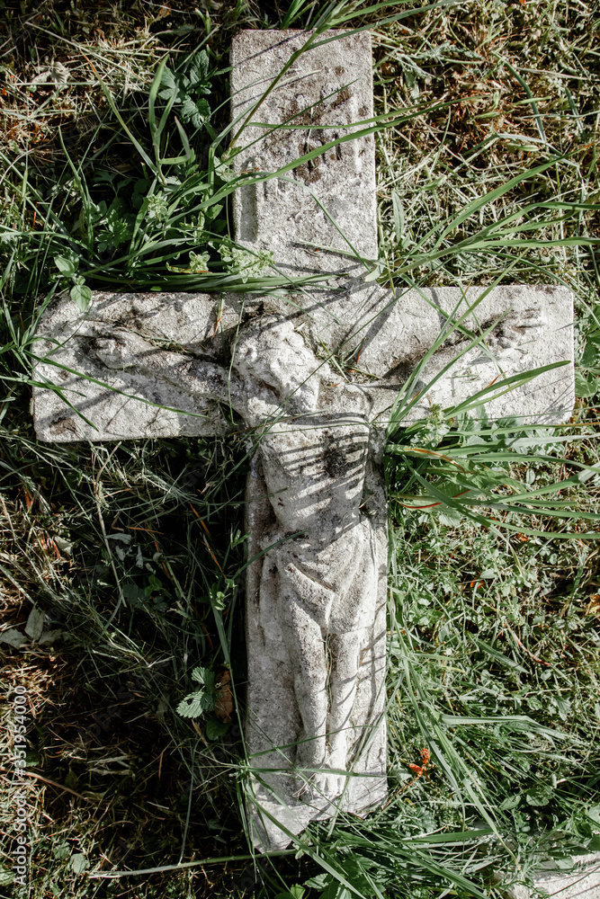 Ancient stone destroyed statue of crucifixion of Jesus Christ. Stock ...