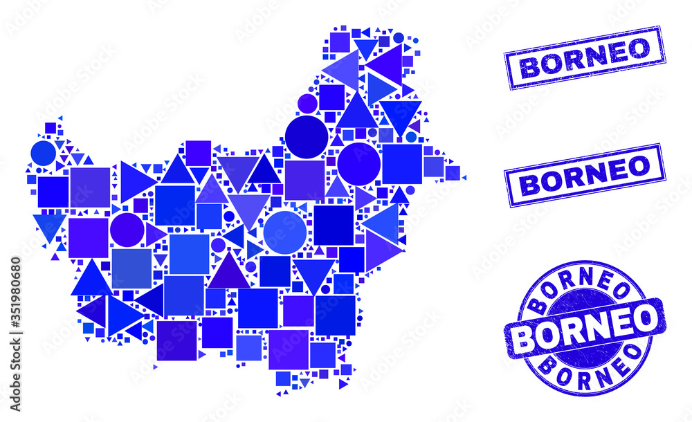 Vector mosaic Borneo map. Geographic scheme in blue color shades, and ...